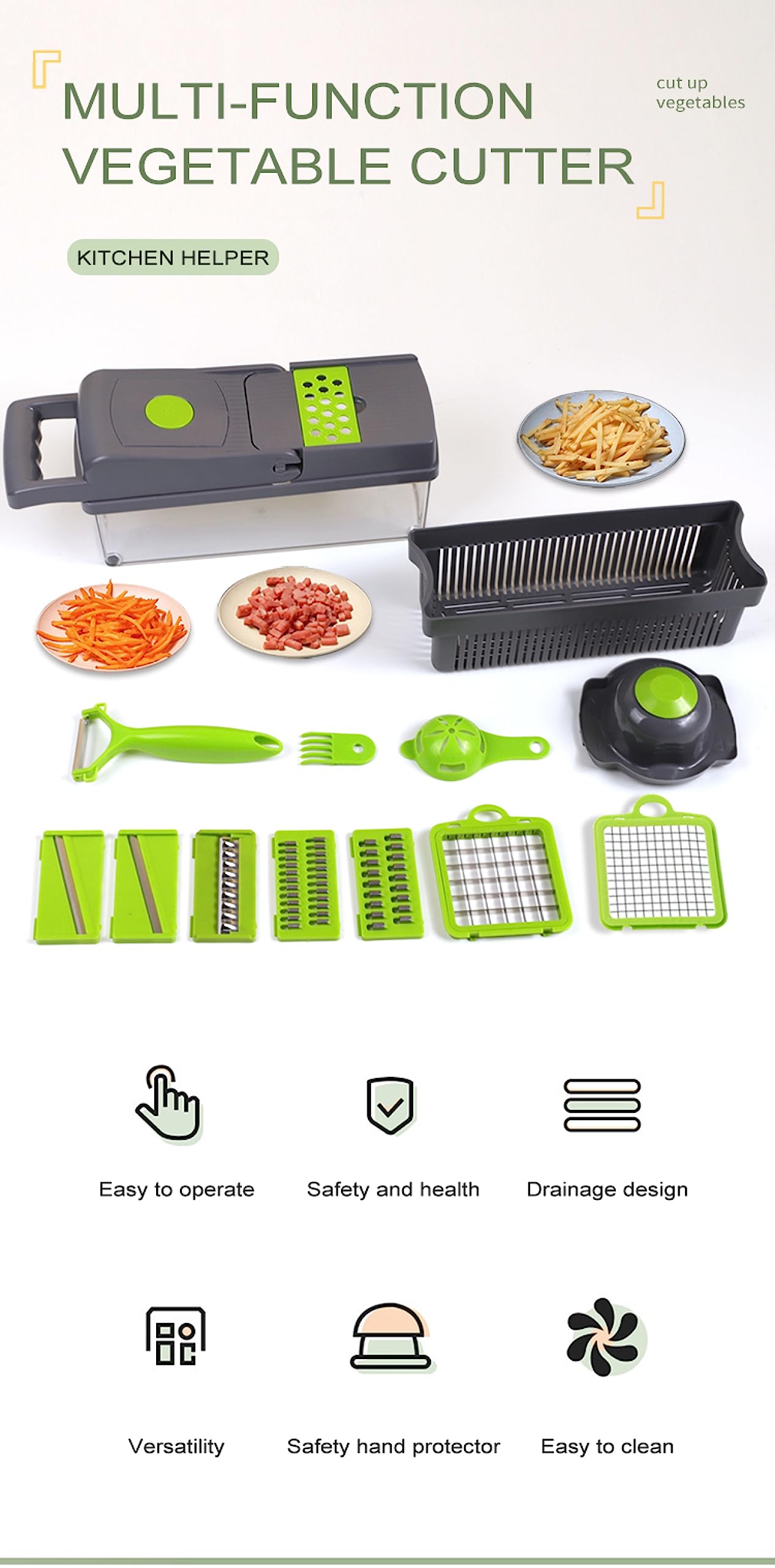 BM VIRAL Vegetable Chopper, Onion Chopper, Mandolin Slicer, Pro 10 in 1 professional food Chopper Multifunctional Vegetable Chopper and Slicer, Dicing Machine, With Container (grey)