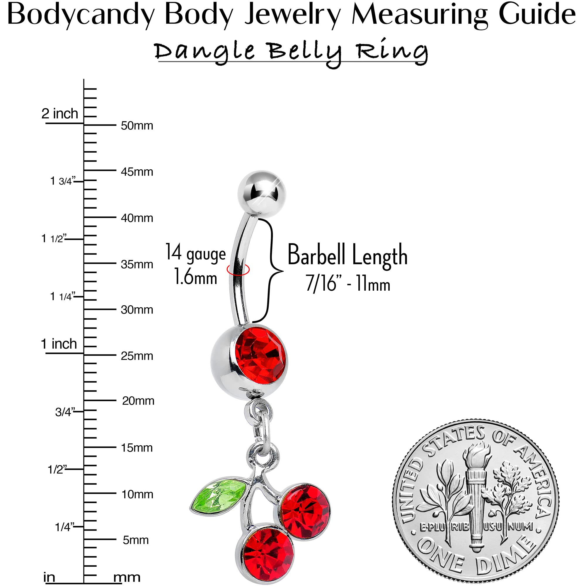 Body Candy 14G Stainless Steel No 2 Red Dangling Cherry Belly Button Ring Body Jewelry