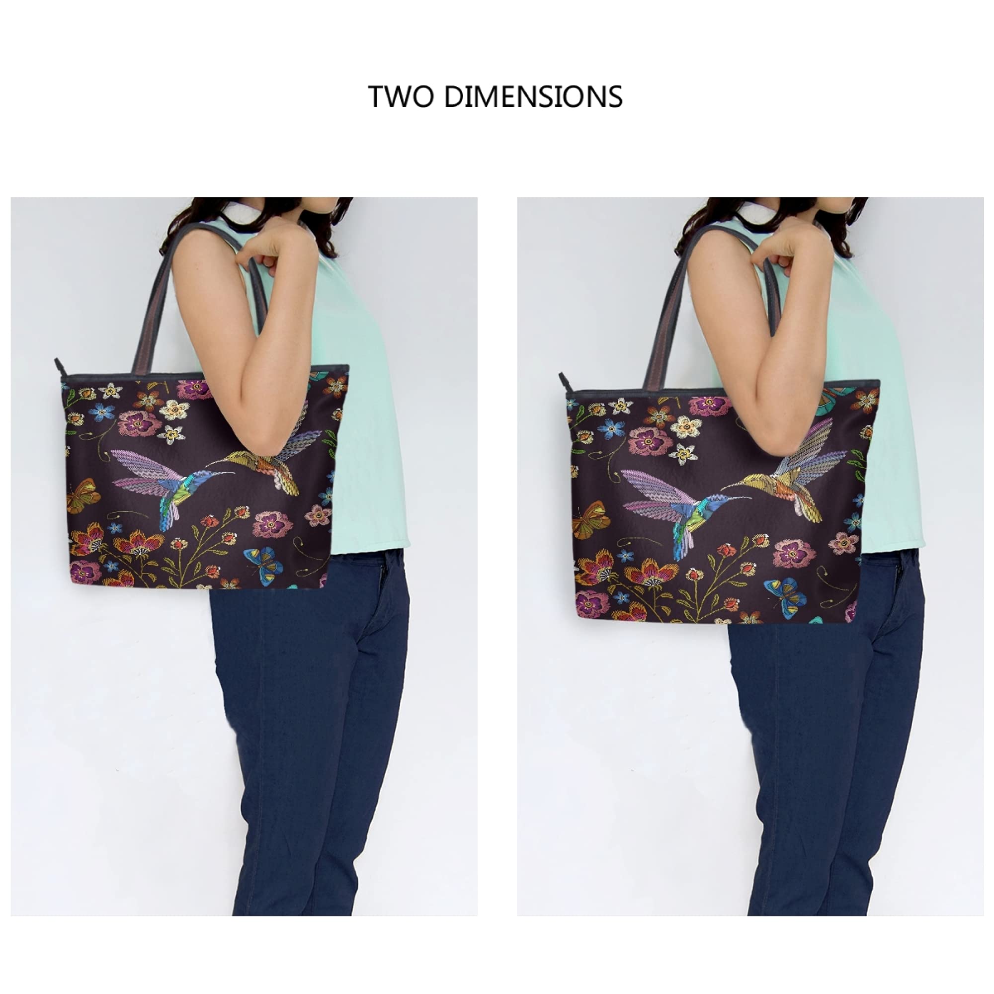 linqin Women's Shoulder Handbags Tote Purse with Zipper closure Humming Bird And Tropical Flowers Embroidery
