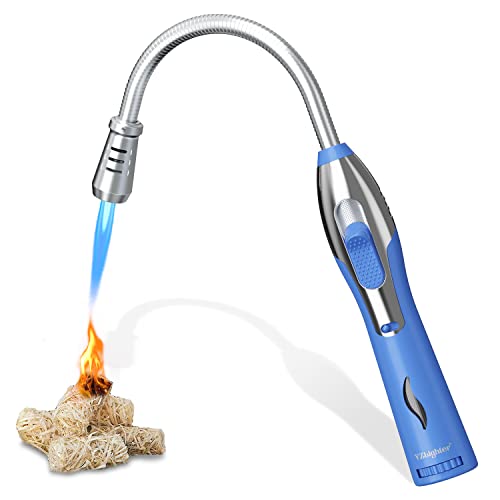 Butane Lighter Torch Long Lighter Refillable Jet Flame Windproof Lighter with Visual Fuel Window Flexible Lighter for Fireplace Grill BBQ Camping Kitchen, Blue (No Butane Included)