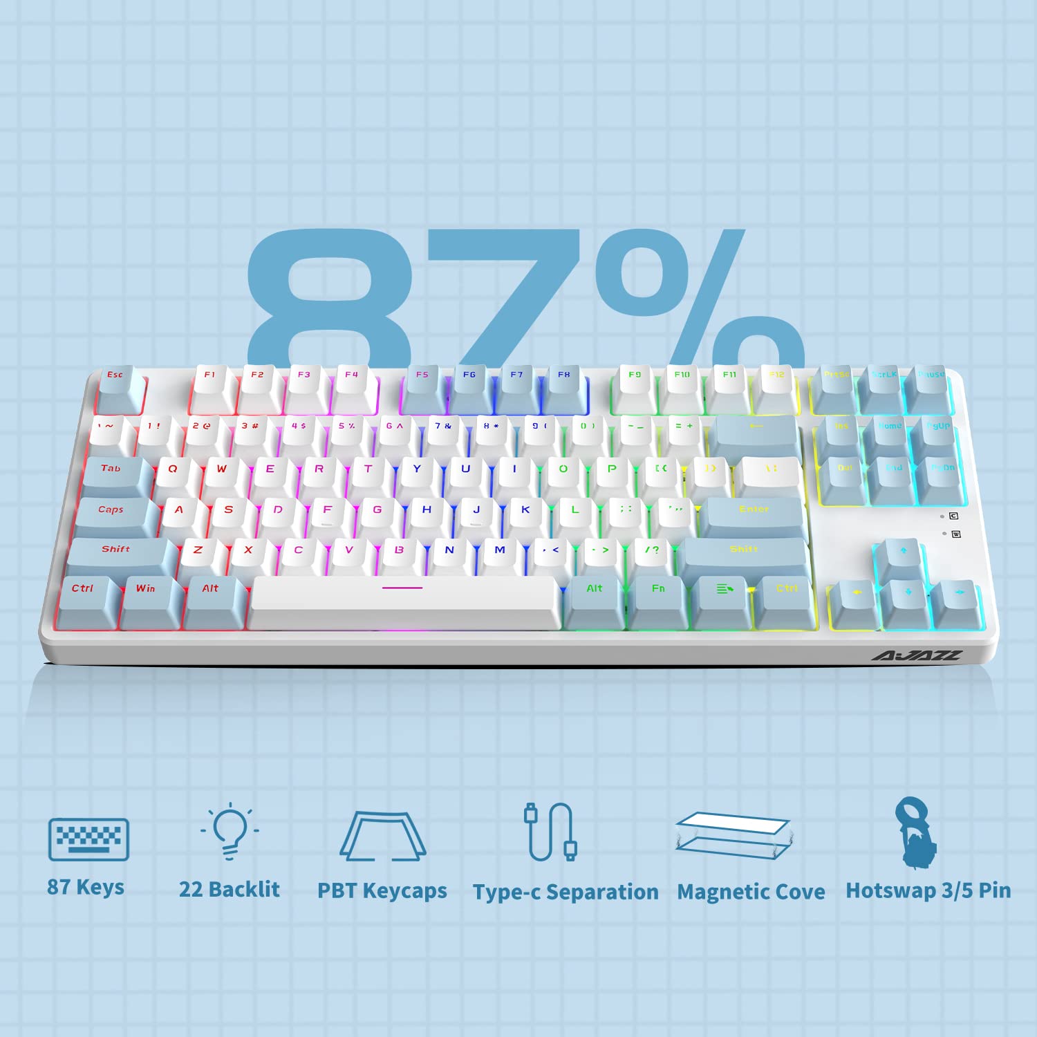 DAIDAI 87 Key TKL Hot Swappable Mechanical Wired Keyboard with OEM PBT Keycpas | 22-Modes Rainbow Backlit | Removable Magnetic Top Cover Gaming Keyboard for PC Gamer (Clicky Blue Switch)