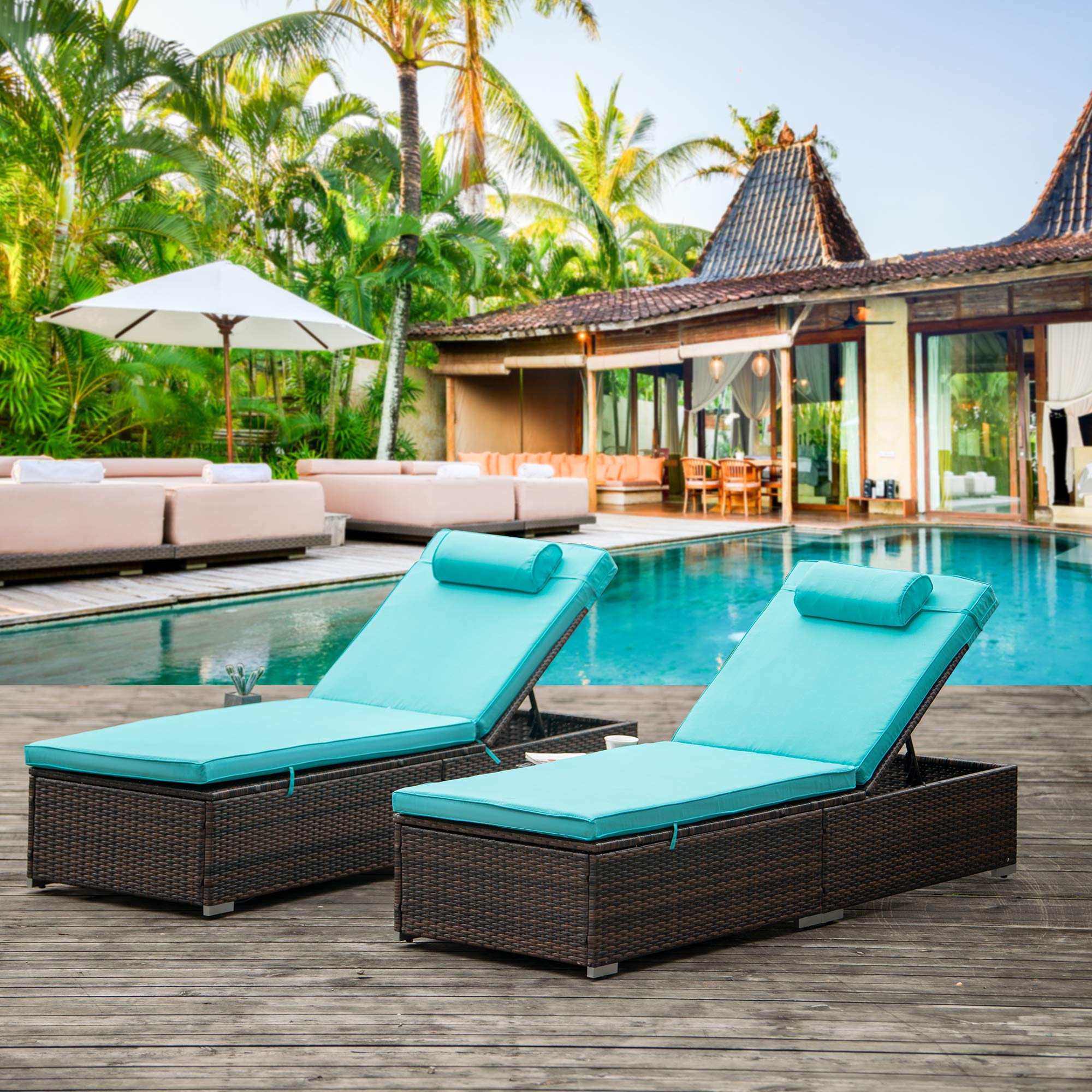 BIADNBZ 2-Piece Outdoor Patio Recliner Chairs for 2,Dual-Use PE Wicker Chaise Lounge Set with Side Table Adjustable Backrest,Cushions and Head Pillows for Courtyard, Swimming Pool, Balcony, Blue
