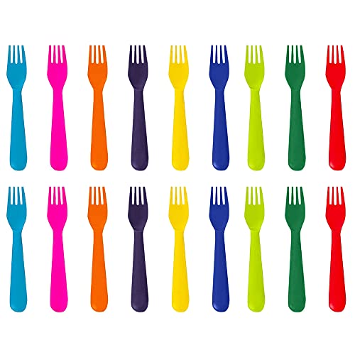 PLASKIDY Plastic Kids Forks Set of 18 -Toddler Forks BPA Free / Dishwasher Safe Reusable Children's Fork Set - Brightly Colored Toddler Forks Cutlery Flatware Set