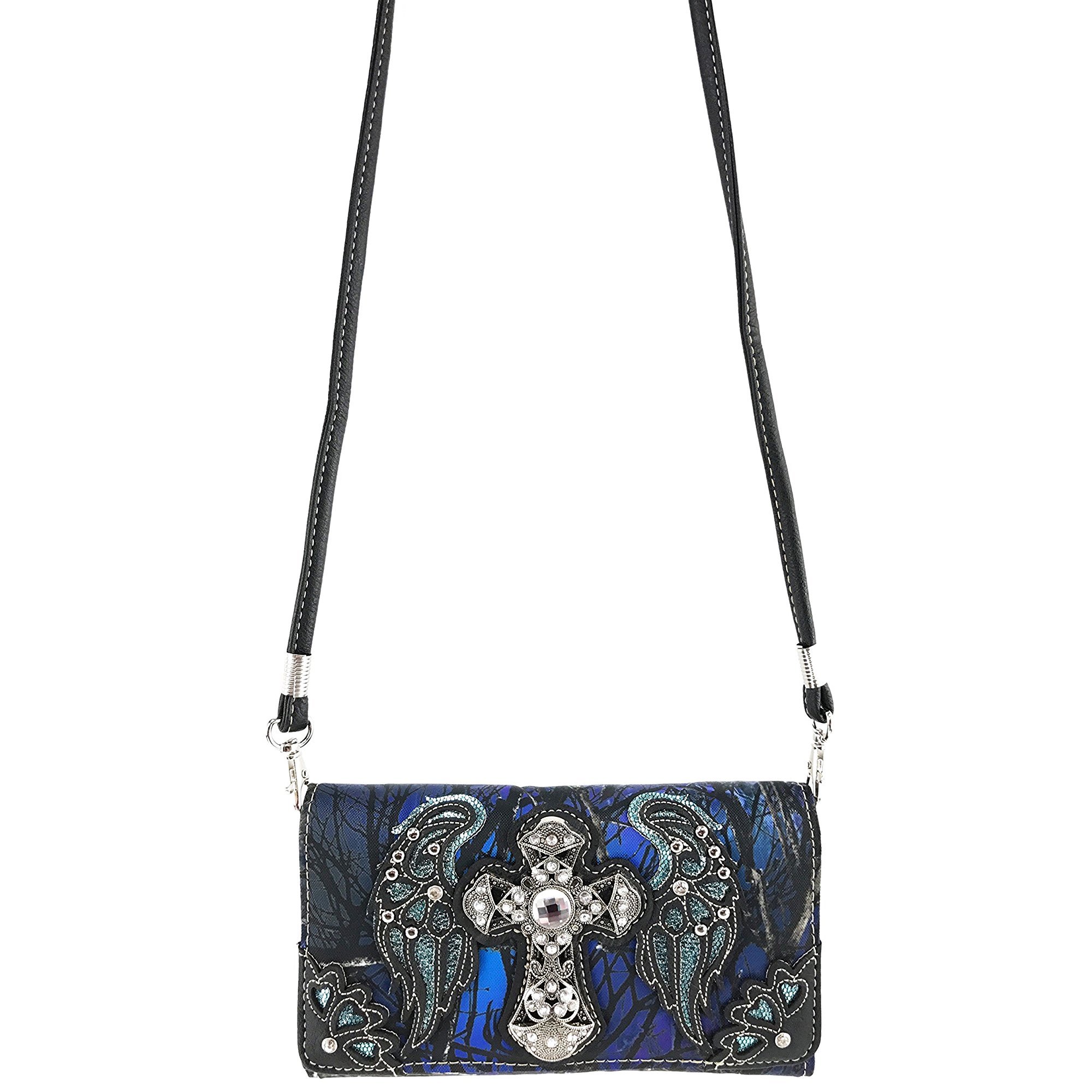Justin West Camouflage Tree Branches Bling Rhinestone Cross Wings Handbag Purse Messenger Bags and Wallet Purple Wing
