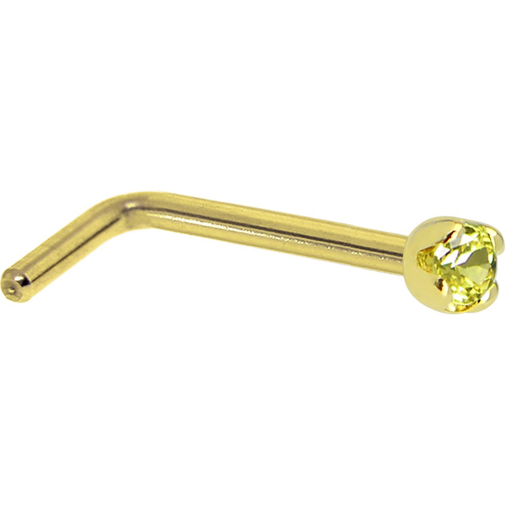Body Candy Solid 14k Yellow Gold 1.5mm (0.015 cttw) Genuine Yellow Diamond L Shaped Nose Stud Ring 20 Gauge 1/4"
