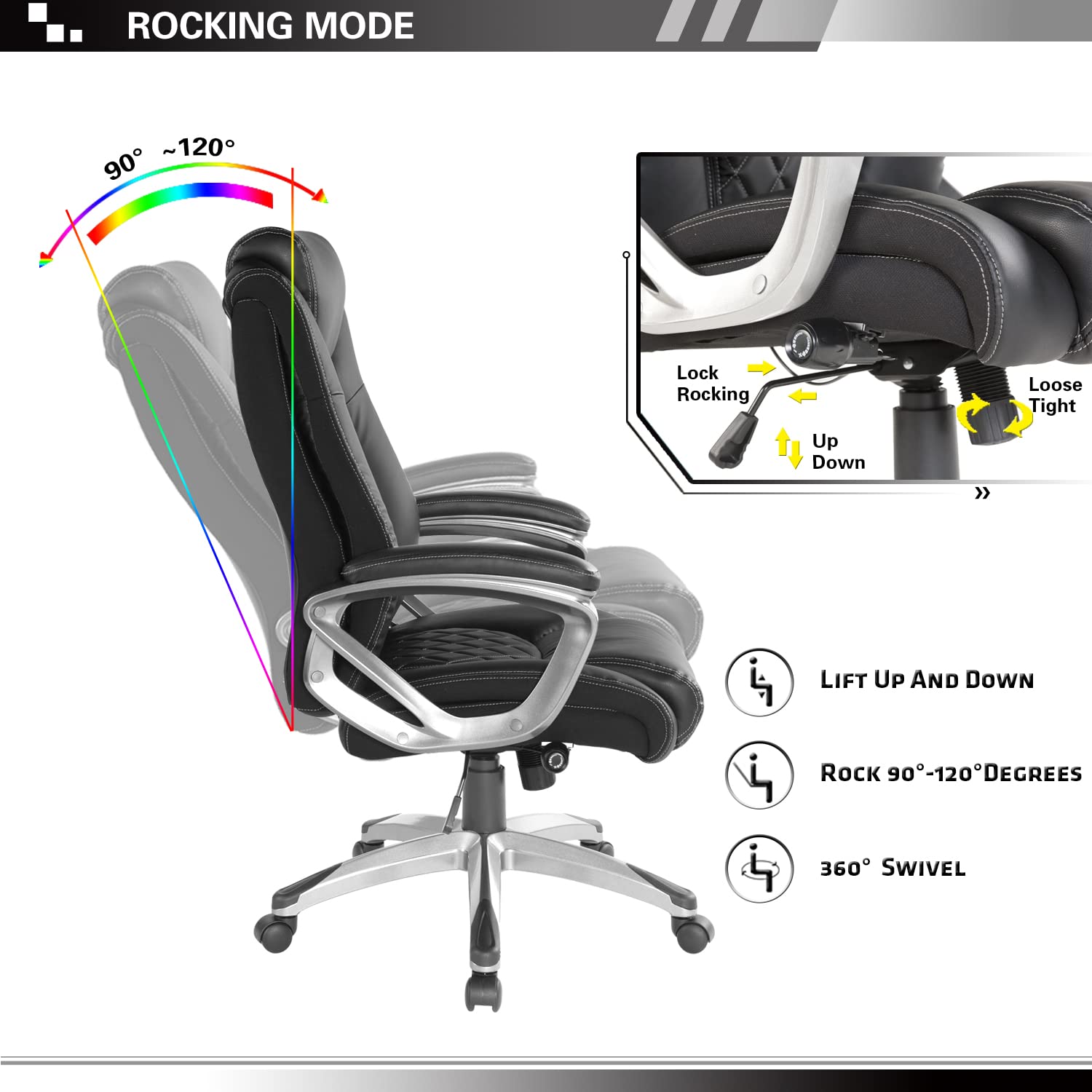 BOWTHY High Back Executive Office Chair 300lbs - Adjustable Built-in Lumbar Support, Ergonomic Leather Computer Desk Chair with Padded Armrest Swivel Chair for Home and Office (Black)