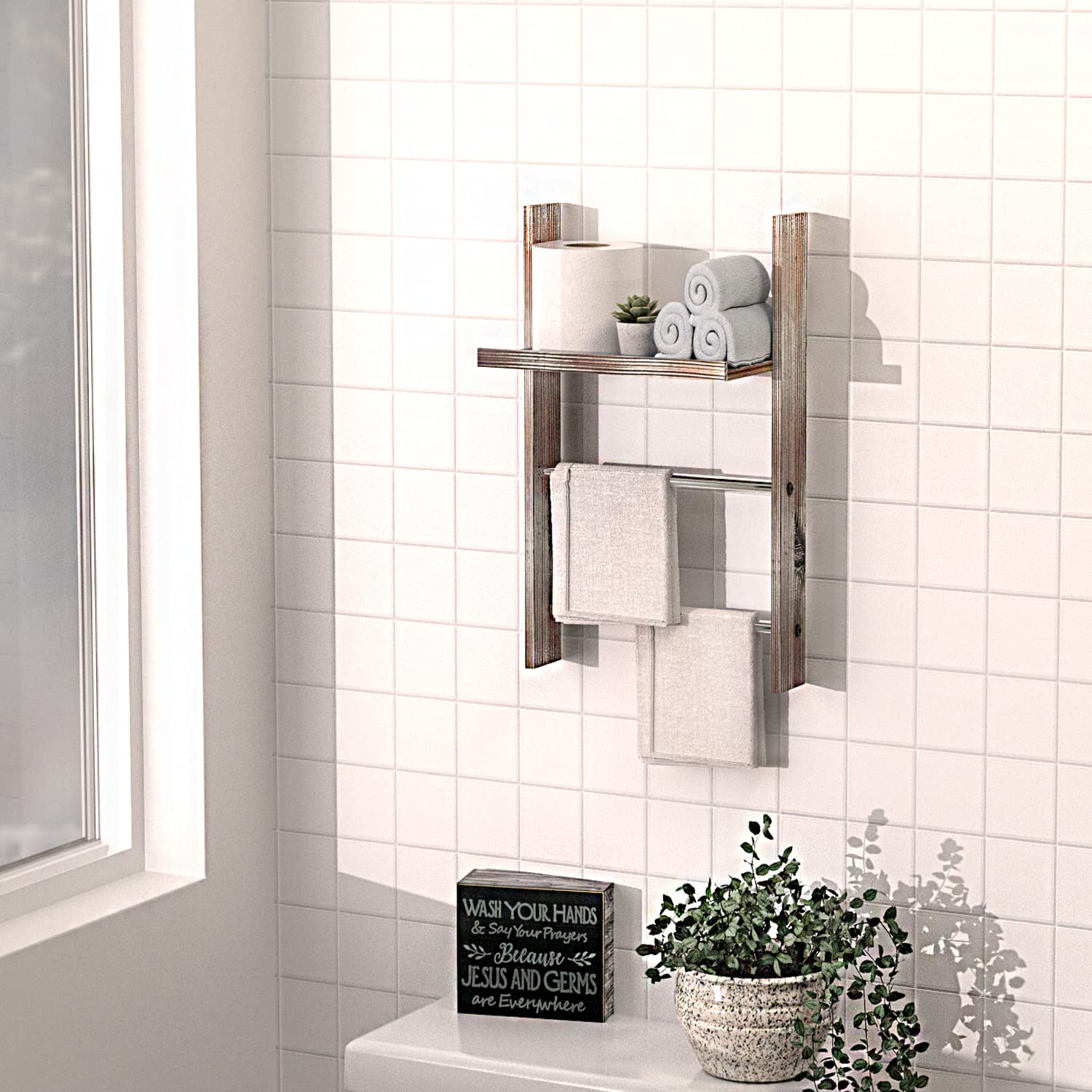 J JACKCUBE DESIGN Rustic Wood Wall Mount Towel Rack with Shelf, Blanket Ladder for Bathroom, Kitchen Hand Towels Holder, Stainless Towel Bar Hanger Farmhouse Decor - MK576A