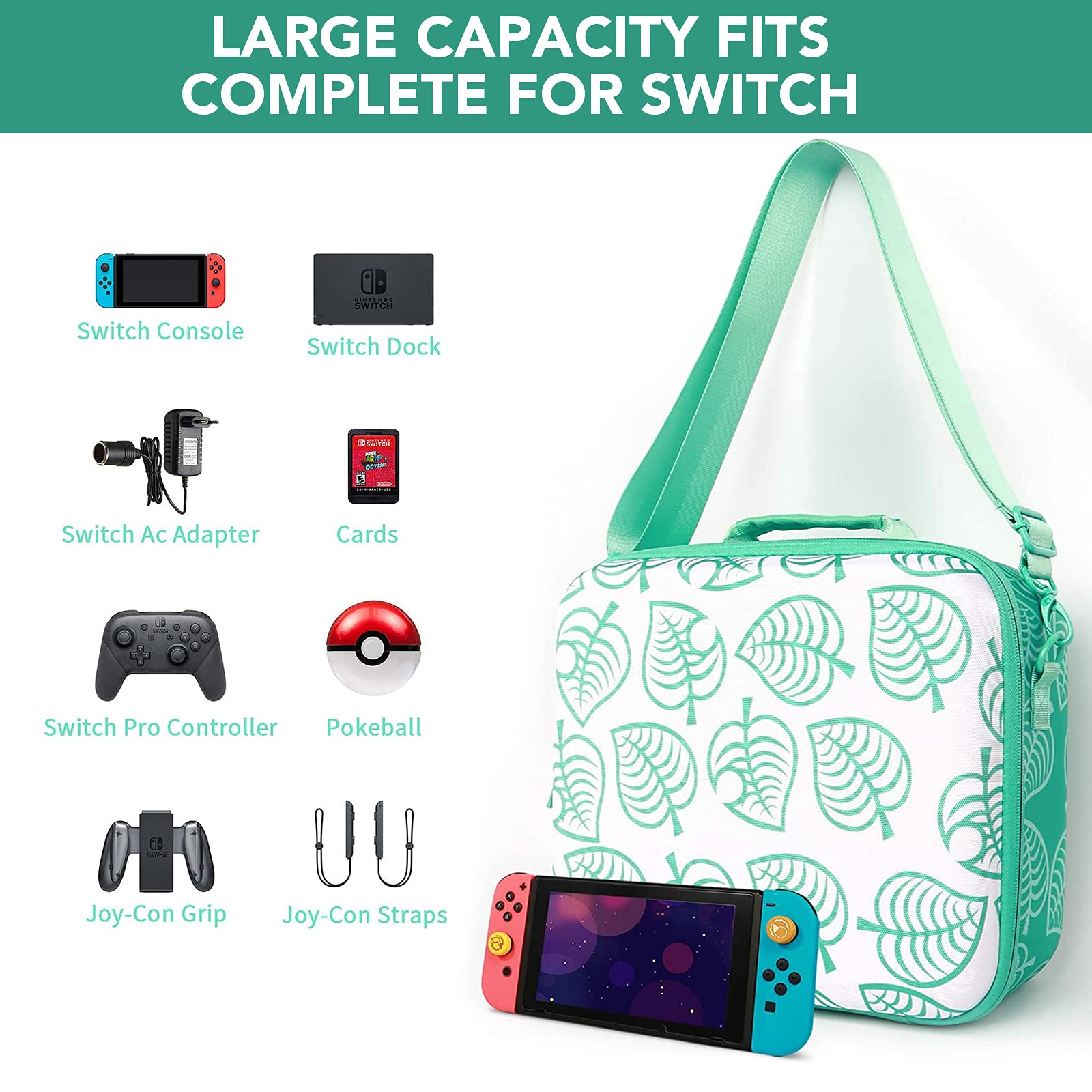 BTMETER Carrying Case for Nintendo Switch, Leaf Crossing Travel Storage handbag, Shoulder Crossbody Bag with 10 Game Cards Slots