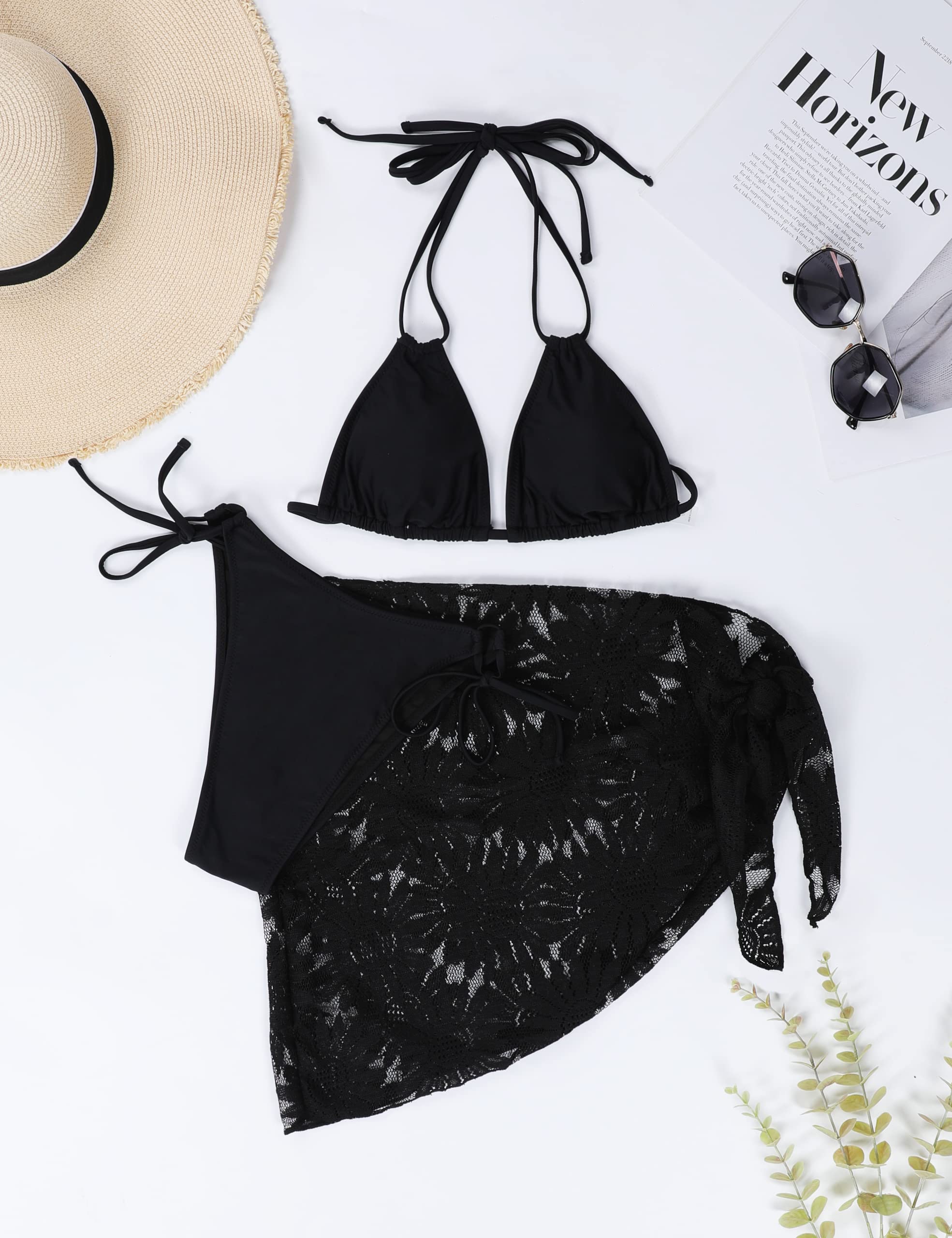 BMJL Womens 3 Piece Swimsuits Sexy Triangle Halter Bikini Set String Thong Bathing Suit with Sarongs Cover up (Black, S)