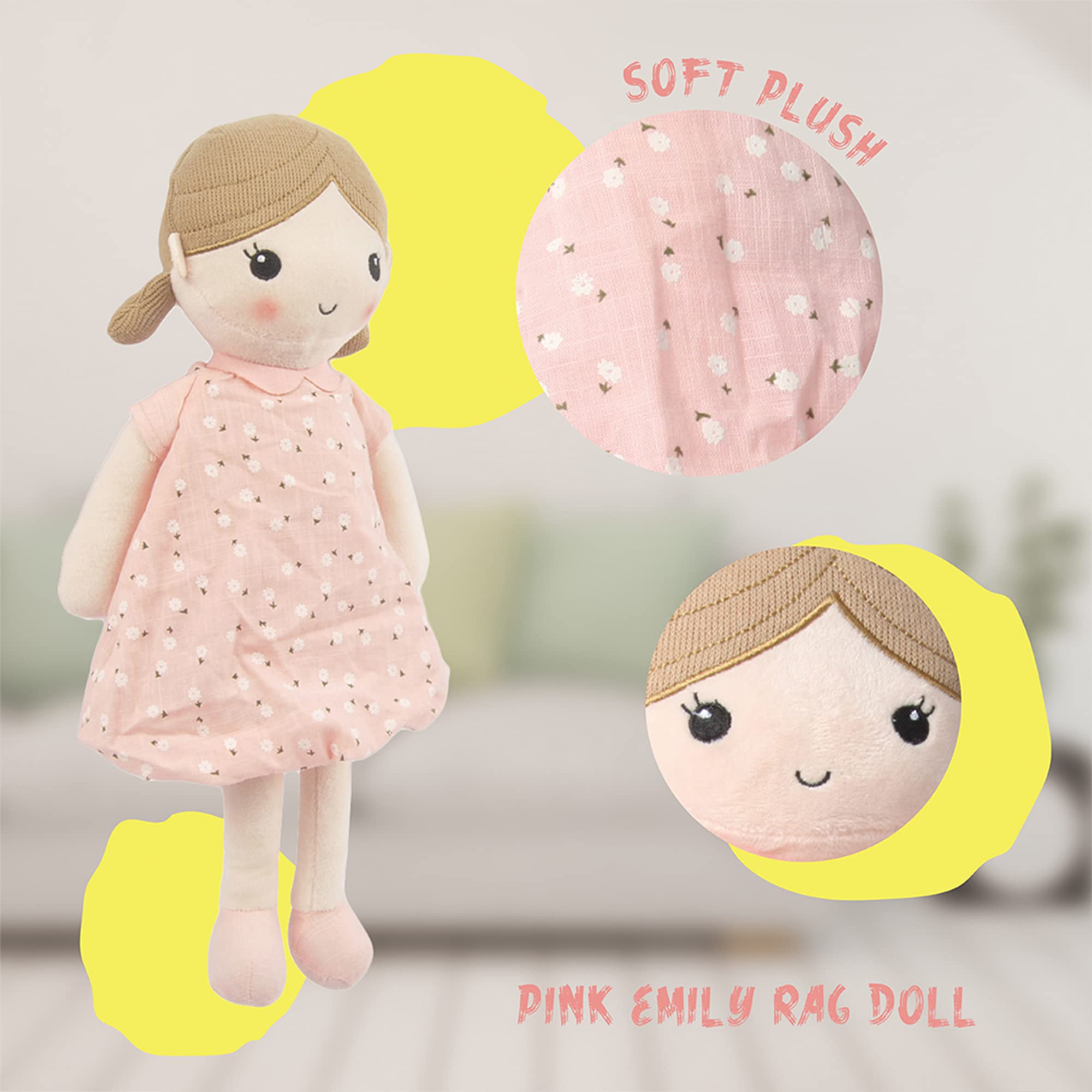 Linzy Toys, Soft Plush Light Pink Blue Emily Rag Doll for Girl, 15" My First Rag Doll, Muñecas de Trapo para Niña, Embroidered Face, Safe for All Ages (89835)