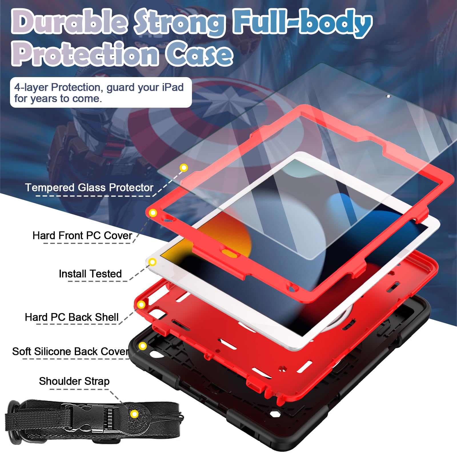 BMOUO iPad 9th/8th/7th Generation Case, iPad 10.2 Case - with Tempered Glass Screen Protector, 360 Rotating Stand, Shoulder Handle Strap & Pencil Holder Kids Case for iPad 10.2” 2021/2020/2019, Blue