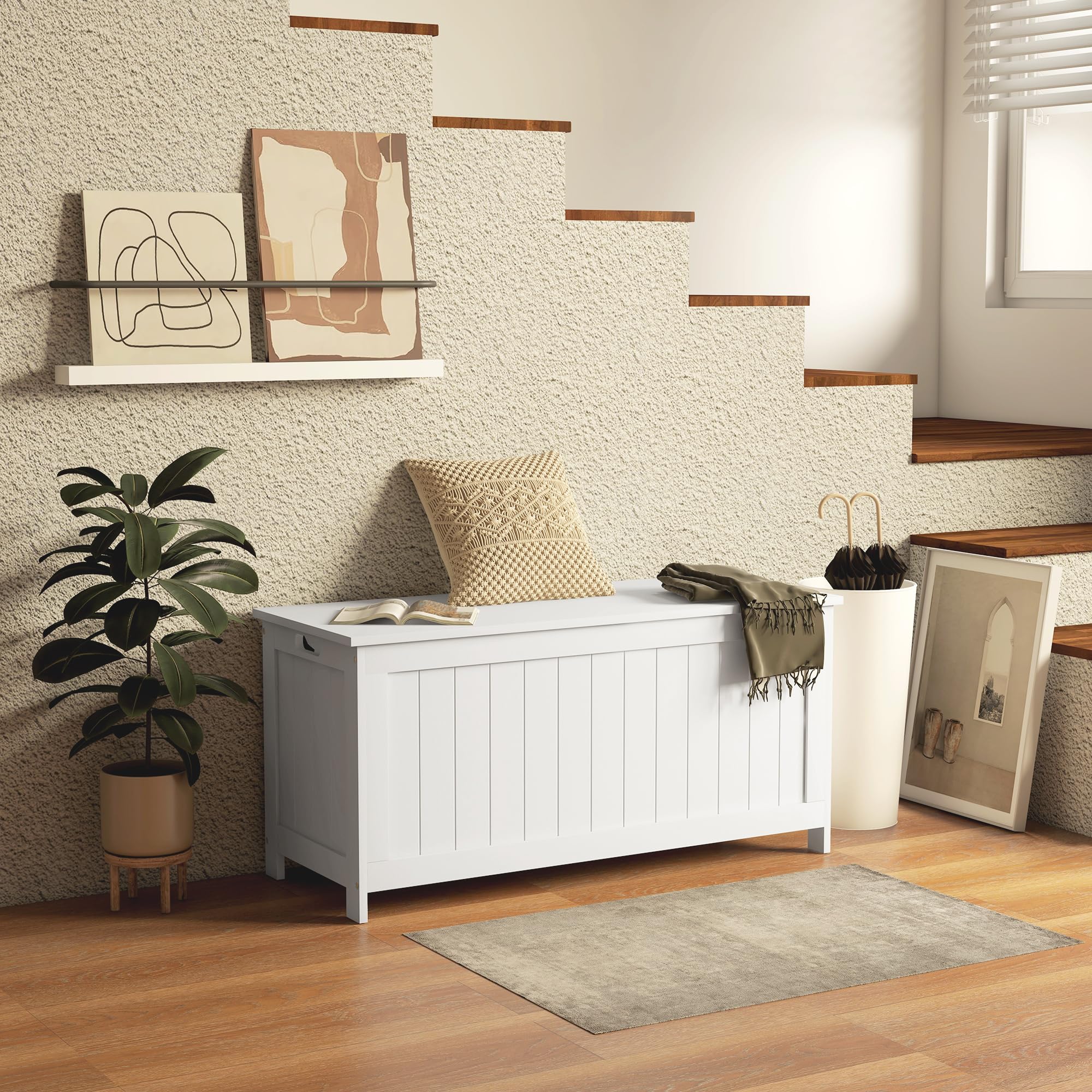 HOMCOM Storage Chest, Wooden Box with 2 Safety Hinges and Cut-out Handles, Modern Storage Trunk for Living Room, Entryway, 39.4" x 15.7" x 18.9", White