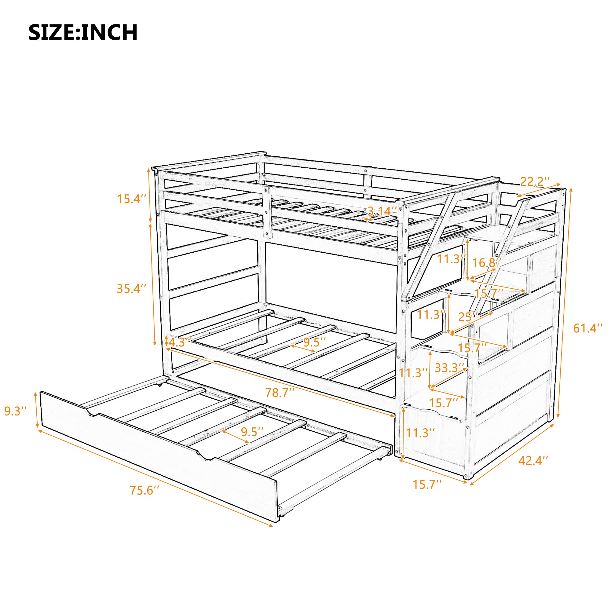 BIADNBZ Stairway Twin Over Twin Bunk Bed with Trundle and Storage Stairs, Solid Wood Bunkbed Frame for Kids Teens Adults Bedroom Dorm, Espresso