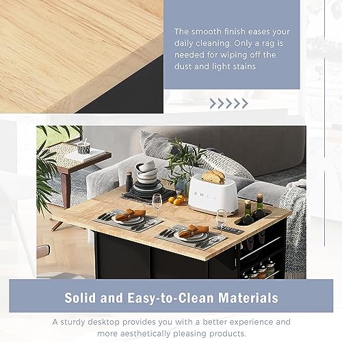 Gustonhon Kitchen Island with Drop Leaf,Dining Table Trolley with Power Outlet and Rubber Wood,Open Storage and Wine Rack,5 Wheels,with Adjustable Storage for Home, Kitchen, and Dining Room (Black)
