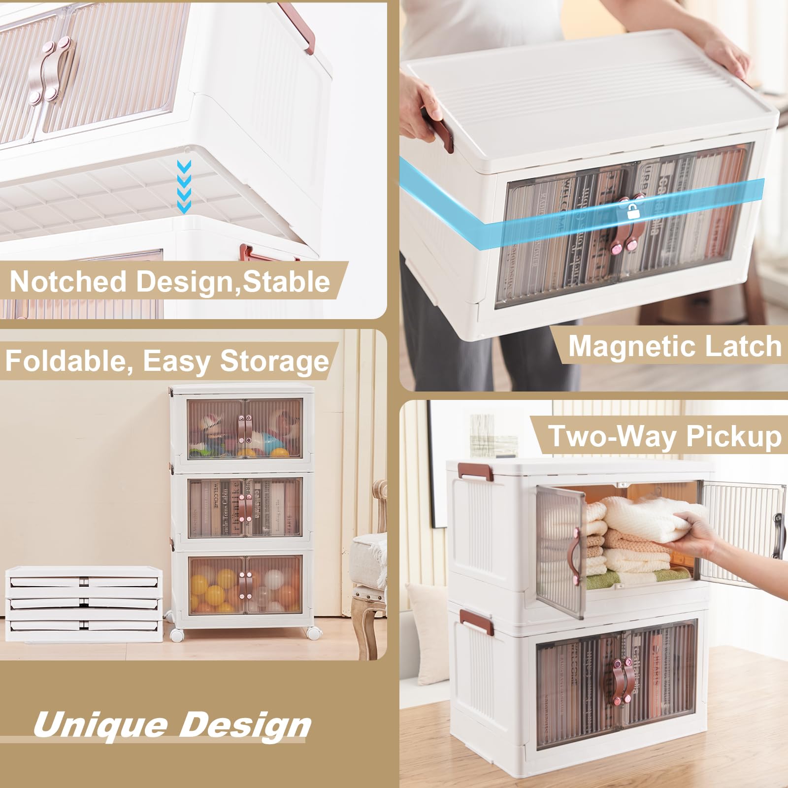 Closet Organizers and Storage 8.4 Gal, DOUHO Storage Bins with Lids and Wheels, Collapsible Stackable Folding Storage Box, Suitable for Home, Office, Dorm Room Essentials, Plastic, 3 Pack
