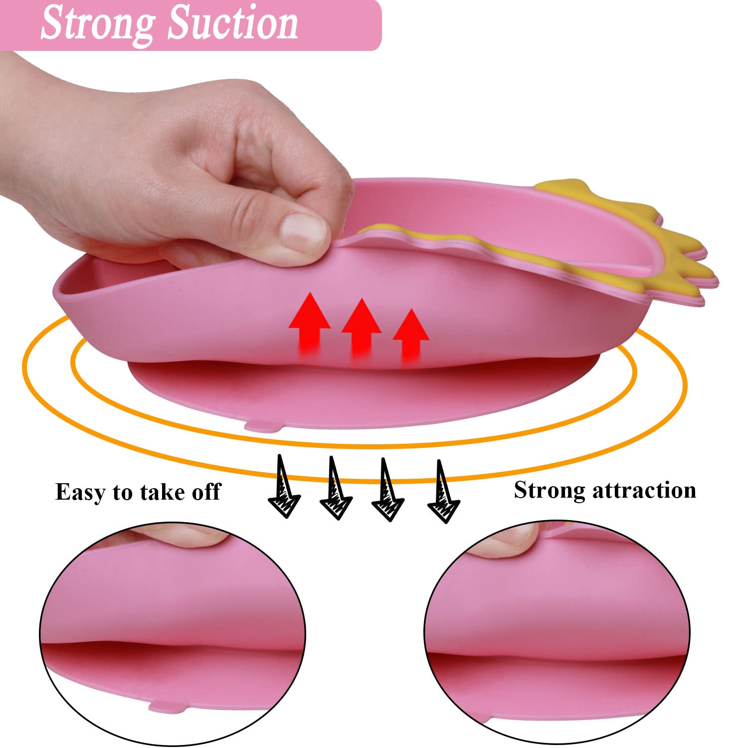 KAVONOI Baby Feeding Set,Silicone Suction Plate Dinosaur Shape SelfFeeding Adjustable Bib, Suction Plate for Baby Toddler with Spoon Fork Adjustable Bib Set -Pink Dinosaurs