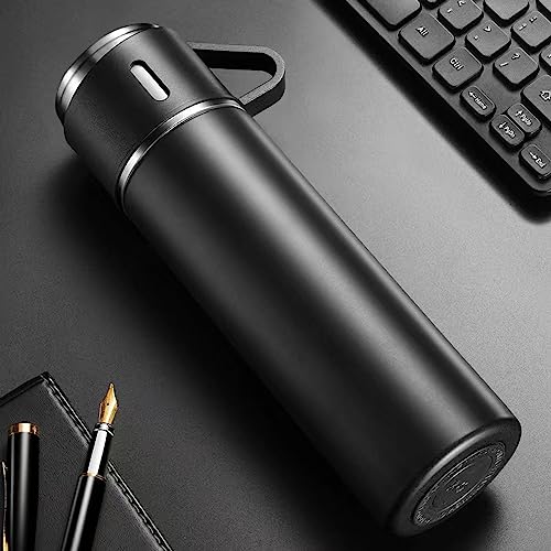Insulated Water Bottle with Cup Travel Coffee Mug with Handle Stainless Steel Tumblers Thermos for Hot and Cold Drinks Water Flask 17 oz/500ml Black