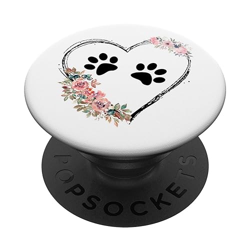Dog Heart With Paw Prints And Flowers On White PopSockets Standard PopGrip