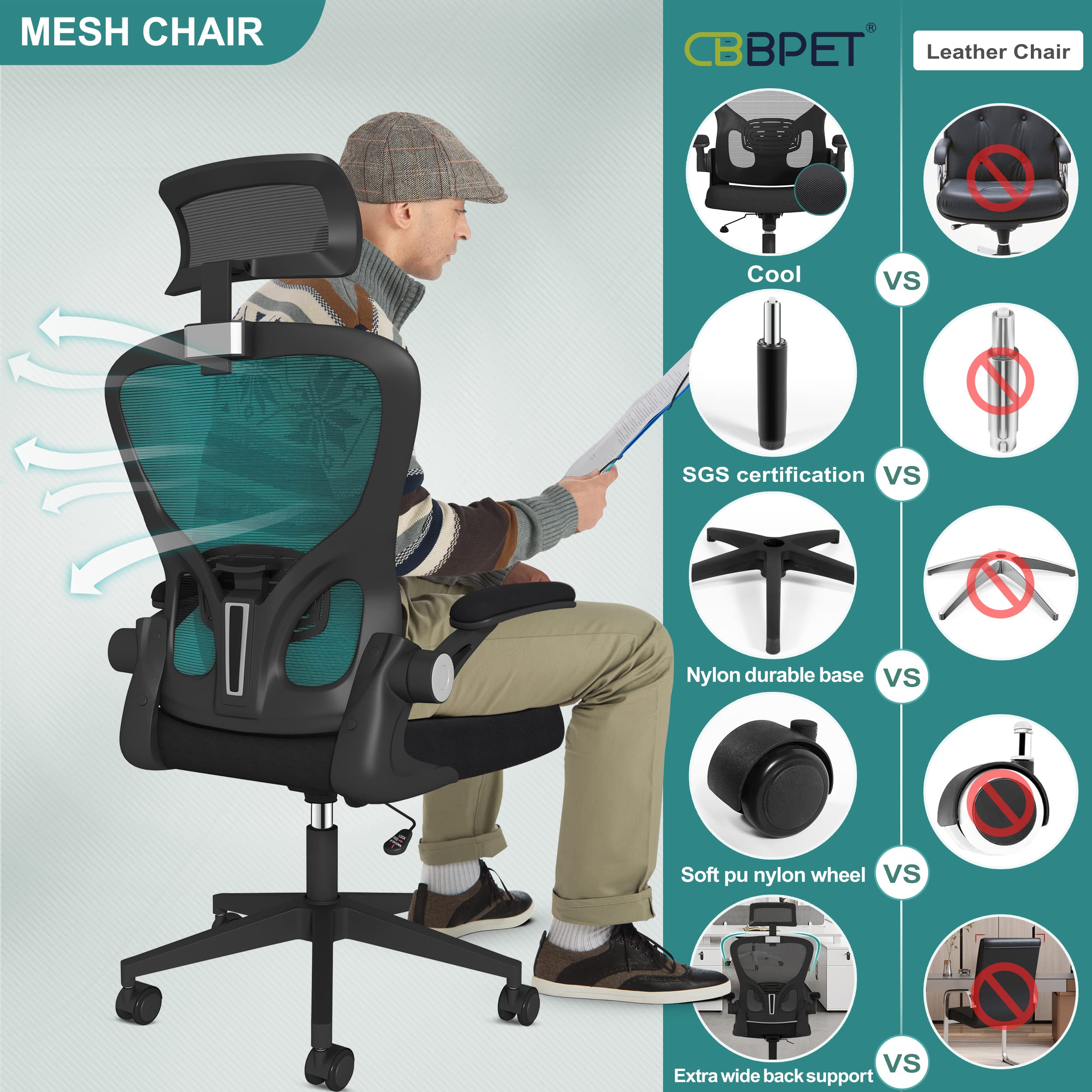 CBBPET Ergonomic Desk Chair with Lumbar Support and Flip-Up Armrests, Home Office Swivel Mesh Chair, Adjustable Backrest Executive Office Chair with Wheels, Perfect for Computer Desk and Home Office