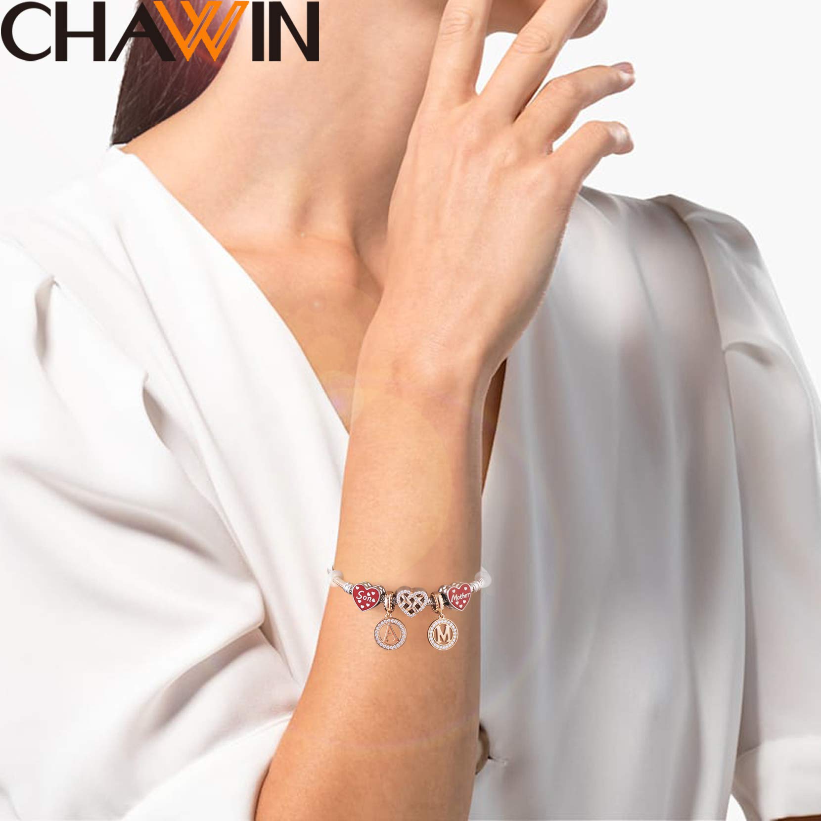 CHAWIN Initial M Letter Charms, Alphabet Charms Rose Gold, Authentic 925 Sterling Silver Charms fit Pandora Charm Bracelets, Necklace, Circle Dangle Charm Gift for Women, Sparkling Clear Stones