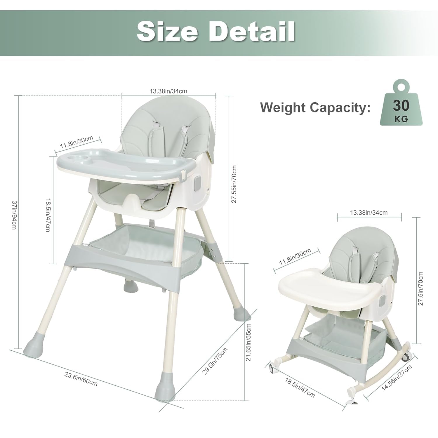 Boyro Baby 4-in-1 Baby High Chair, High Chairs for Babies and Toddlers with Removable Tray and Adjustable Backrest & Height, Convertible & Foldable, Grows with Baby