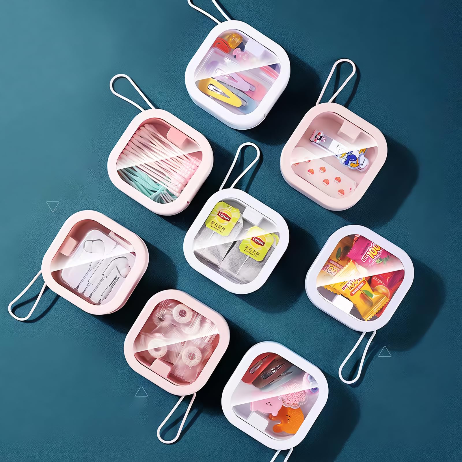 GAGAMOTEYA 6 Pcs Hair Tie Organizer,Qtip Dispenser Bathroom Storage Organizer with Press Buckle Button Switch,Cotton Swab Holder Portable Travel,Hair Accessory Box with Lid for Bathroom(Pink+White)