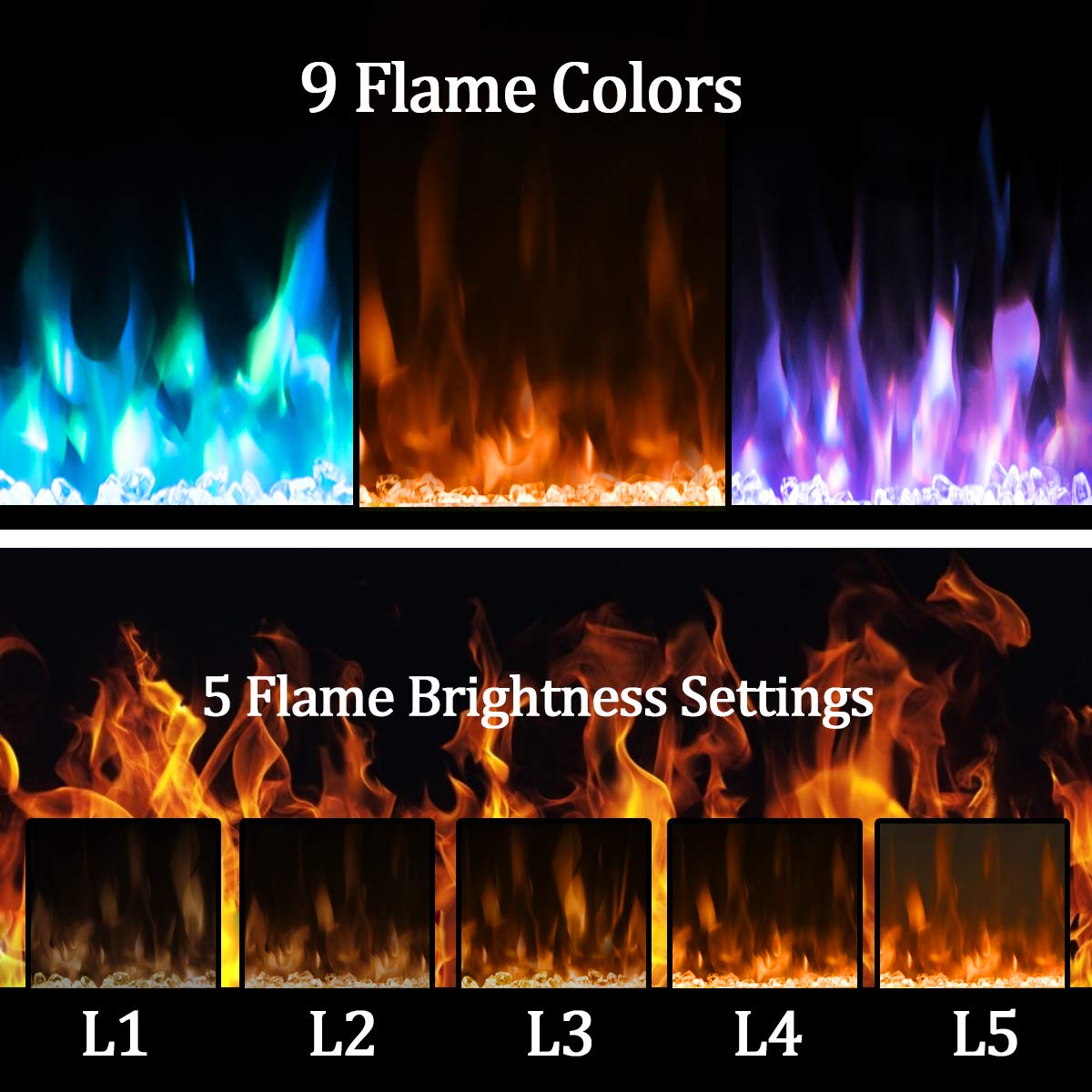 COSTWAY 36-Inch Electric Fireplace, 750W/1500W Wall Recessed and Mounted Fireplace Insert with Remote Control, 9 Flame Colors, 5 Brightness Settings, 8 H Timer, Fireplace Heater for Indoor Use
