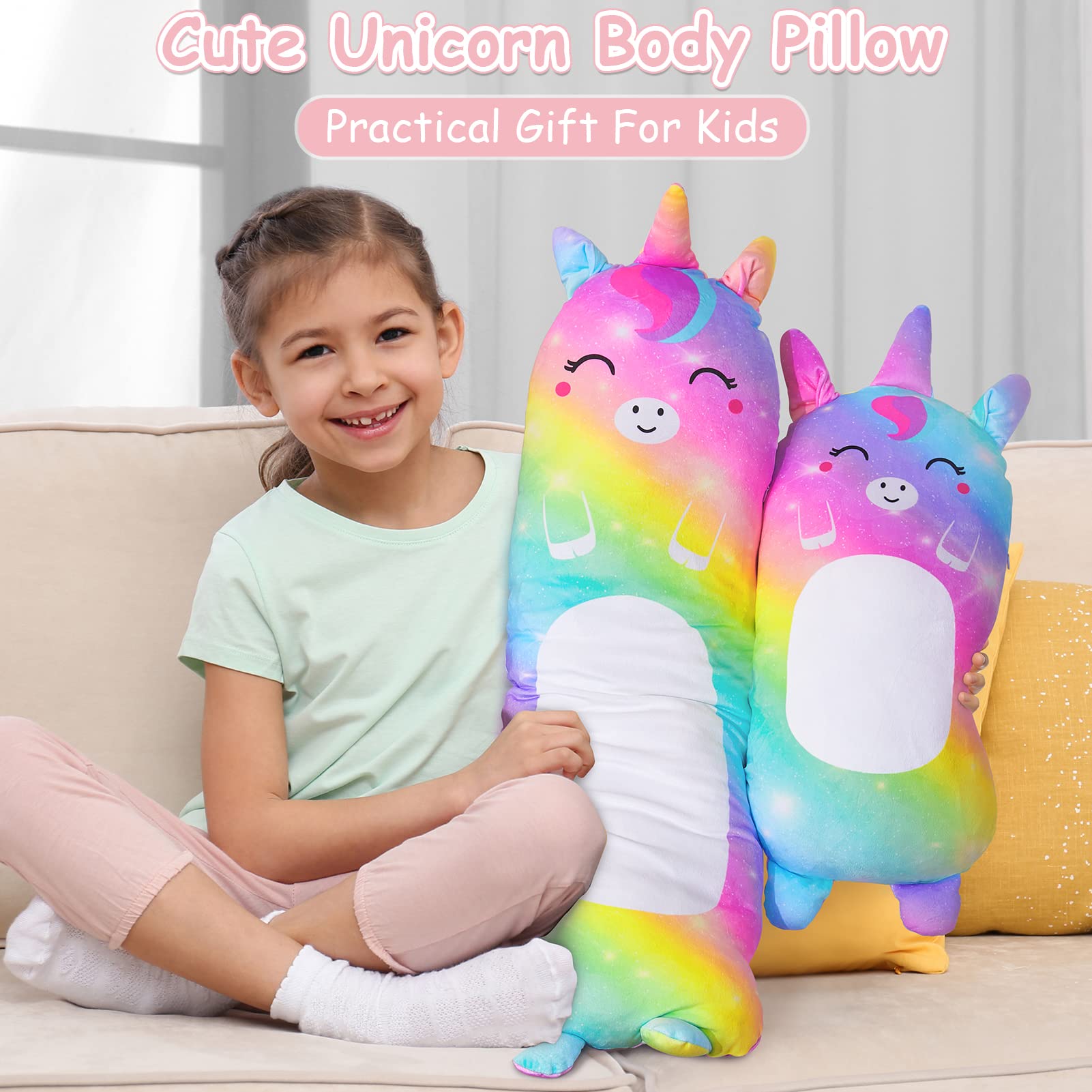 Body Pillow for Kids Girls Long Unicorn Pillow Soft Plush Unicorn Stuffed Animals with Removable Insert, 33 Inch, Rainbow