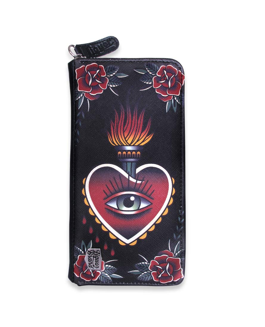 Liquorbrand Innervision Women's Zip Around Clutch Wallet Eye Heart Flower Rockabilly