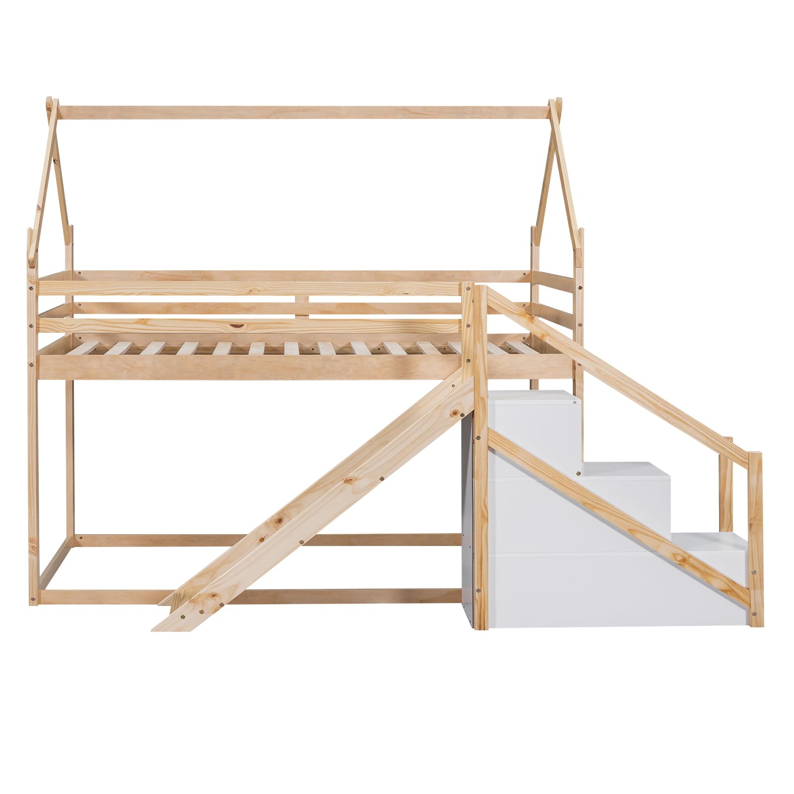 Harper & Bright Designs Twin Over Twin Bunk Bed with Slide and Staircase, House Bunk Bed for Kids, Wood Loft/Bunk Bed Frame with Storage for Kids Teens Boys Girls, (Natural)