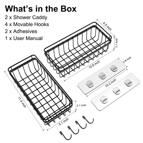 Shower Caddy Shelf Organizer, Self Adhesive Shower Shelves for Tiles Walls, Shower Rack Storage for Inside Shower No Drilling, Bathroom Shower Organizer Rustproof Stainless Steel, 2 Pack, Black
