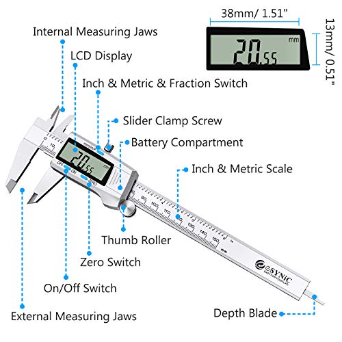 eSynic Digital Vernier Caliper 6 inch/150mm + Feeler Gauge Stainless Steel Electronic Caliper Fractions/Inch/Metric Micrometer Measuring Tool for Length Width Depth Inner Diameter Outer Diameter