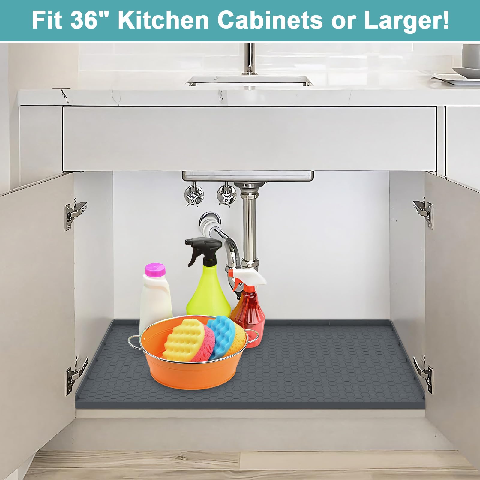 Under Sink Mats for Kitchen Waterproof, Silicone Under Kitchen Sink Mats and Protectors for 34" x 22" Cabinets, Under Sink Tray Organizer, Shelf Liners Cabinet Liner for Kitchen and Bathroom, Gray
