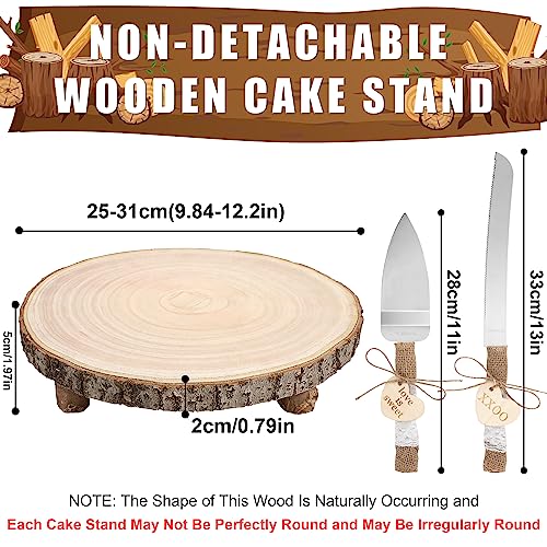 POMINEL Wood Cake Stand with Cake Cutting Set Wooden Cake Stands Rustic Wedding Cake Stand Wood Slice Cake Stand for Dessert Table, Plant Display for Family Gartering, Wedding Receptions