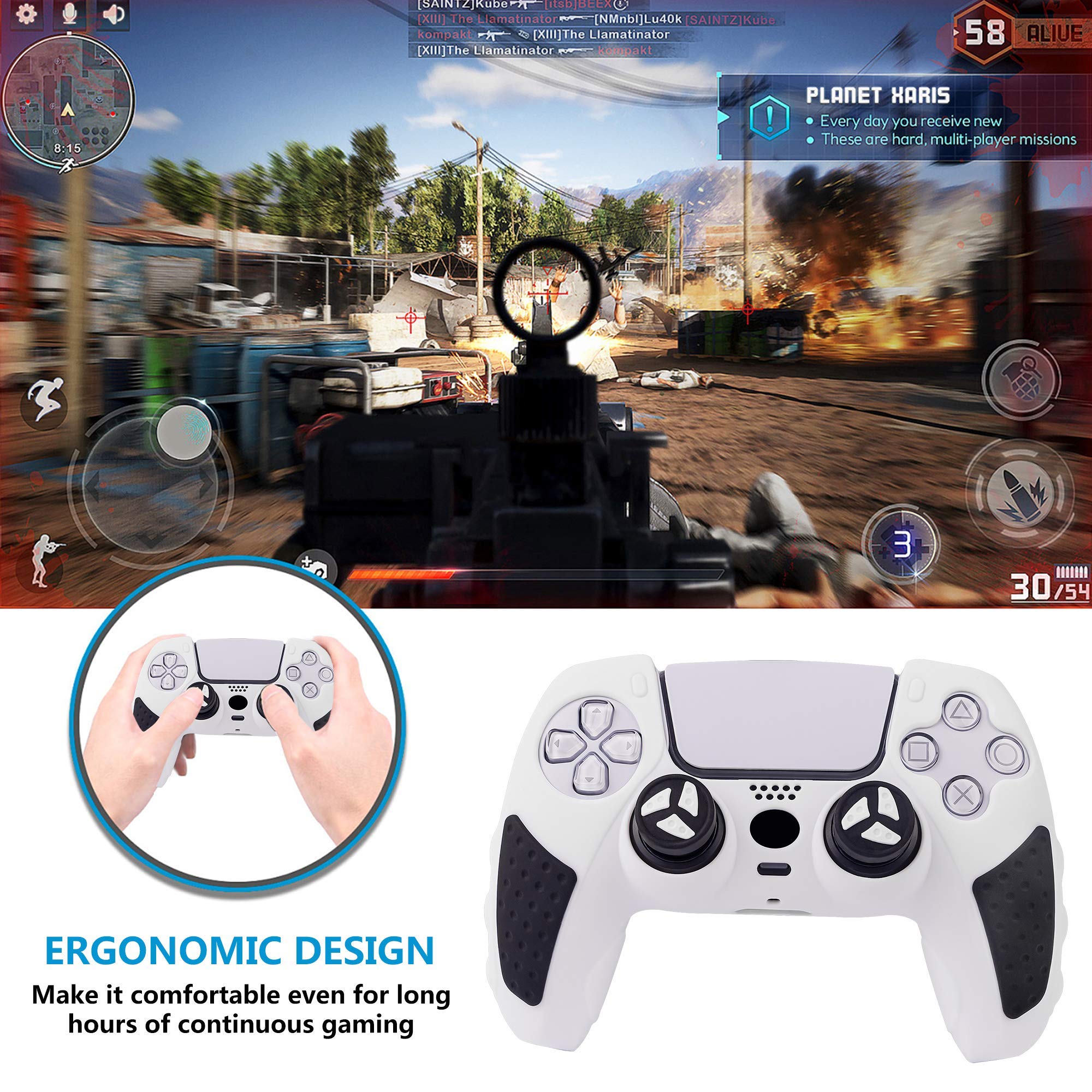 CHIN FAI PS5 Controller Grip Cover, Anti-Slip Silicone Skin Protective Cover Case for PlayStation 5 DualSense Wireless Controller with 6 Thumb Grip Caps (White-Black)