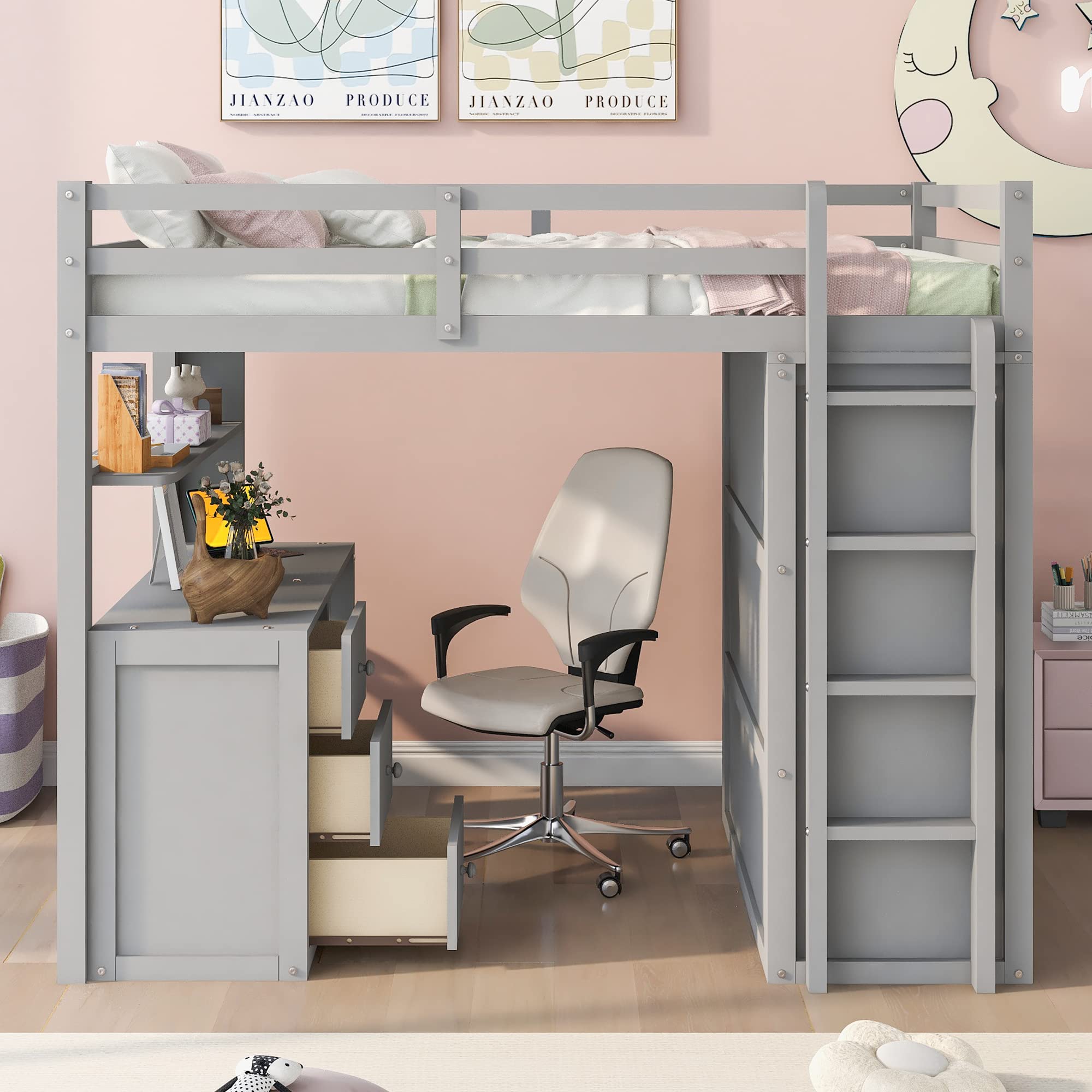 Harper & Bright Designs Full Size Loft Bed with Desk and Wardrobe, Wooden Full Loft Bed with Storage Drawers for Girls Boys Teens,No Box Spring Needed,Grey