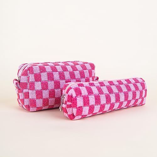 Checkered Pouch and Pencil Case Set (Pink/Pink)
