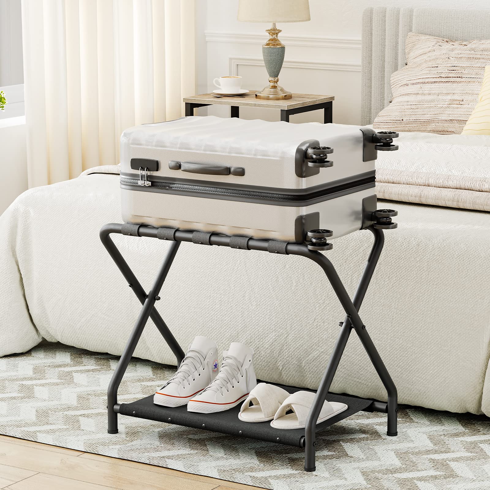 HOOBRO Luggage Rack, Folding Suitcase Stand with Fabric Storage Shelf for Guest Room, Bedroom, Hotel, Holds up to 100 lb, 27 x 15.3 x 22 Inches, Space Saving, Black BK04XL01