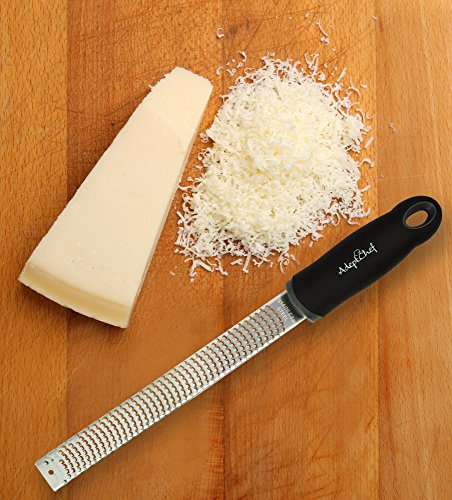 Citrus Lemon Zester & Cheese Grater by AdeptChef - Parmesan Cheese, Lemon, Ginger, Garlic, Nutmeg, Vegetables, Fruits - Very sharp Stainless Steel Blade Protective Cover, Dishwasher Safe