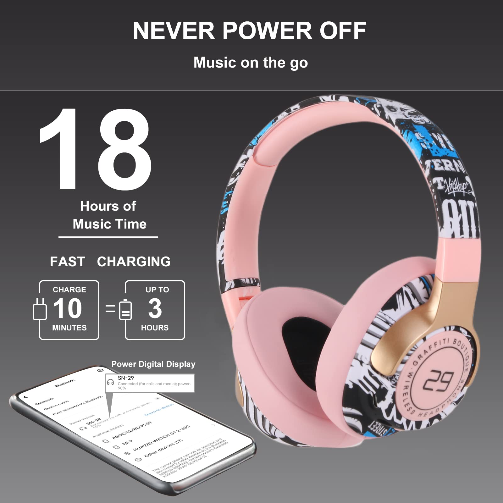 CBSOHDE Bluetooth Headphones Over The Ear, Graffiti Wired/Wireless Headphones with Microphone-Soft Ear Cushions, Foldable Hi-Fi Stereo Sound Bluetooth Headsets for Pad Laptop PC Cellphone (Pink)