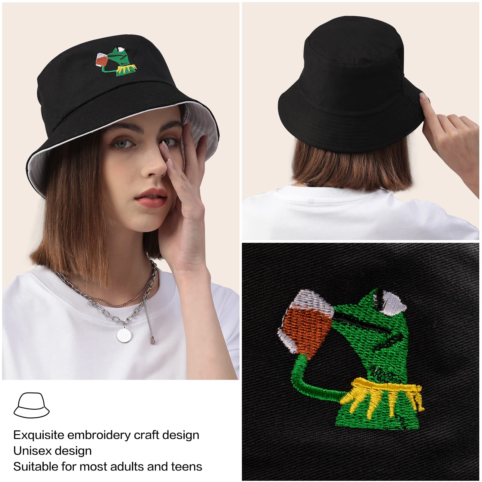 Bucket Hat for Women Men-kermit frog Embroidery Bucket Hat -Double Sided Wear Reversible Summer Sun Hat Black and White