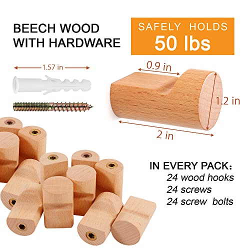 JOOPSHEE 24 Pack Wood Wall Hooks, Natural Wooden Coat Hooks Wall Mounted, Handmade Rustic Hat Hooks Heavy Duty Entryway Wall Hangers for Hanging Bags, Clothes, Towels (24pcs)