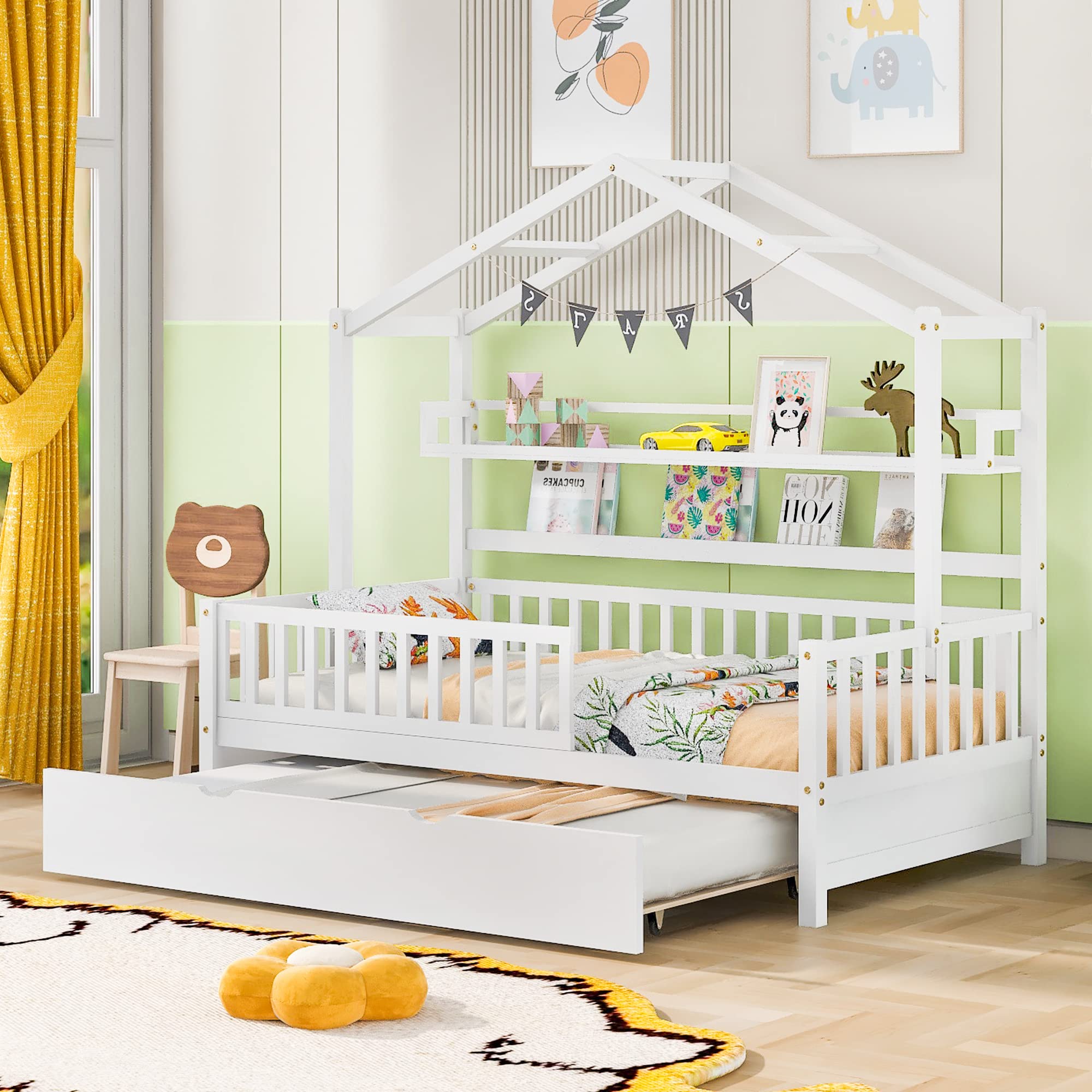 Harper & Bright Designs Wooden Twin Size House Bed with Trundle,Kids Bed with Shelf, White (Twin, White+Trundle)