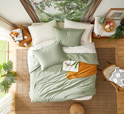 Geniospin Full Comforter Set, Bed in a Bag Sage Green Bedding Sets 7-Pieces, Botanical Pattern, All Season Comfortable Seersucker Bedding with Comforter, Sheets, Pillowcase & Shams(Full,80"x90")