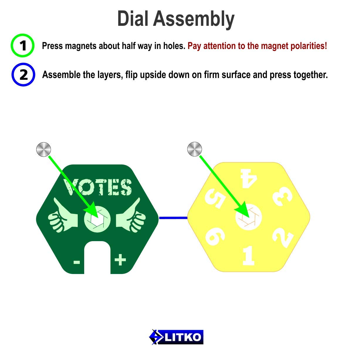 LITKO Gaslands Miniatures Game Dials | Compatible with Gaslands | Refulled | Gear | Ammo | Vote | Hazard | 2 Pack (Translucent Green & Fluorescent Yellow -Vote)