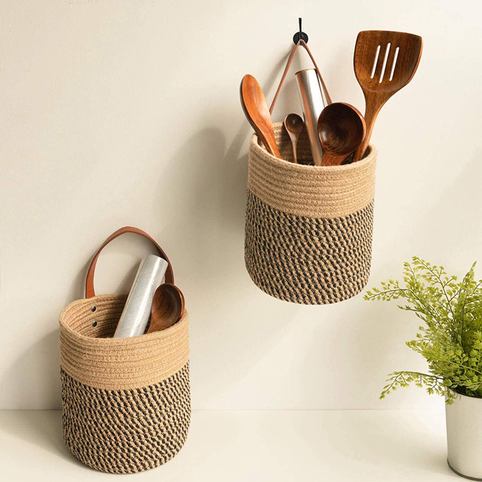 Cotton Rope Basket with Handle for Baby Laundry Basket Toy Storage Blanket Storage Hanging Basket Round Multi-Purpose Woven Wall Rope Basket for Home White S