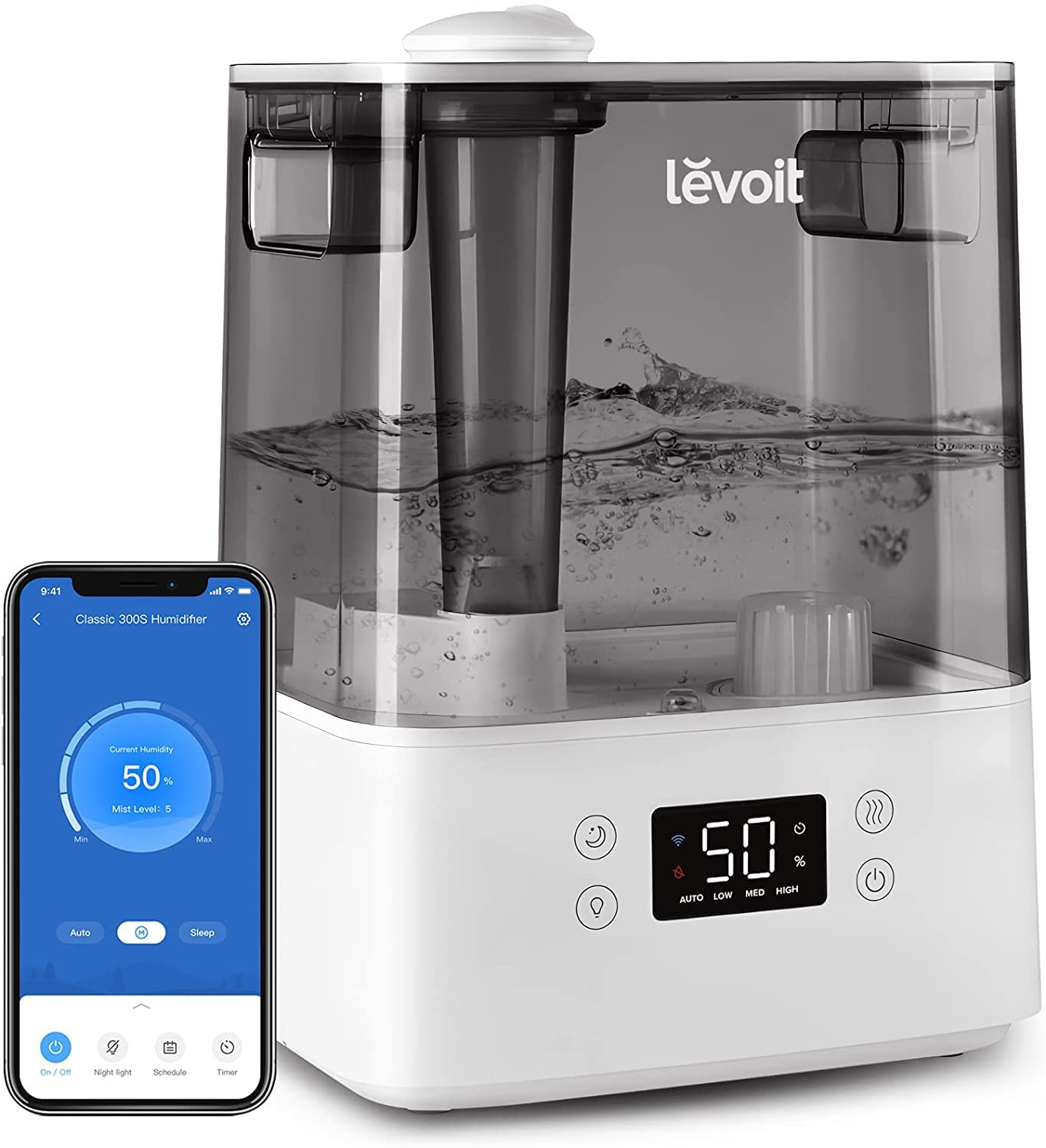 LEVOIT Ultrasonic Cool Mist Humidifiers, Adjustable 360° Rotation Nozzle, Auto Safety Shut Off, Lasts Up to 25 Hours, Filter Free, Optional LED Display Light, Ideal for Bedroom, 3L, White
