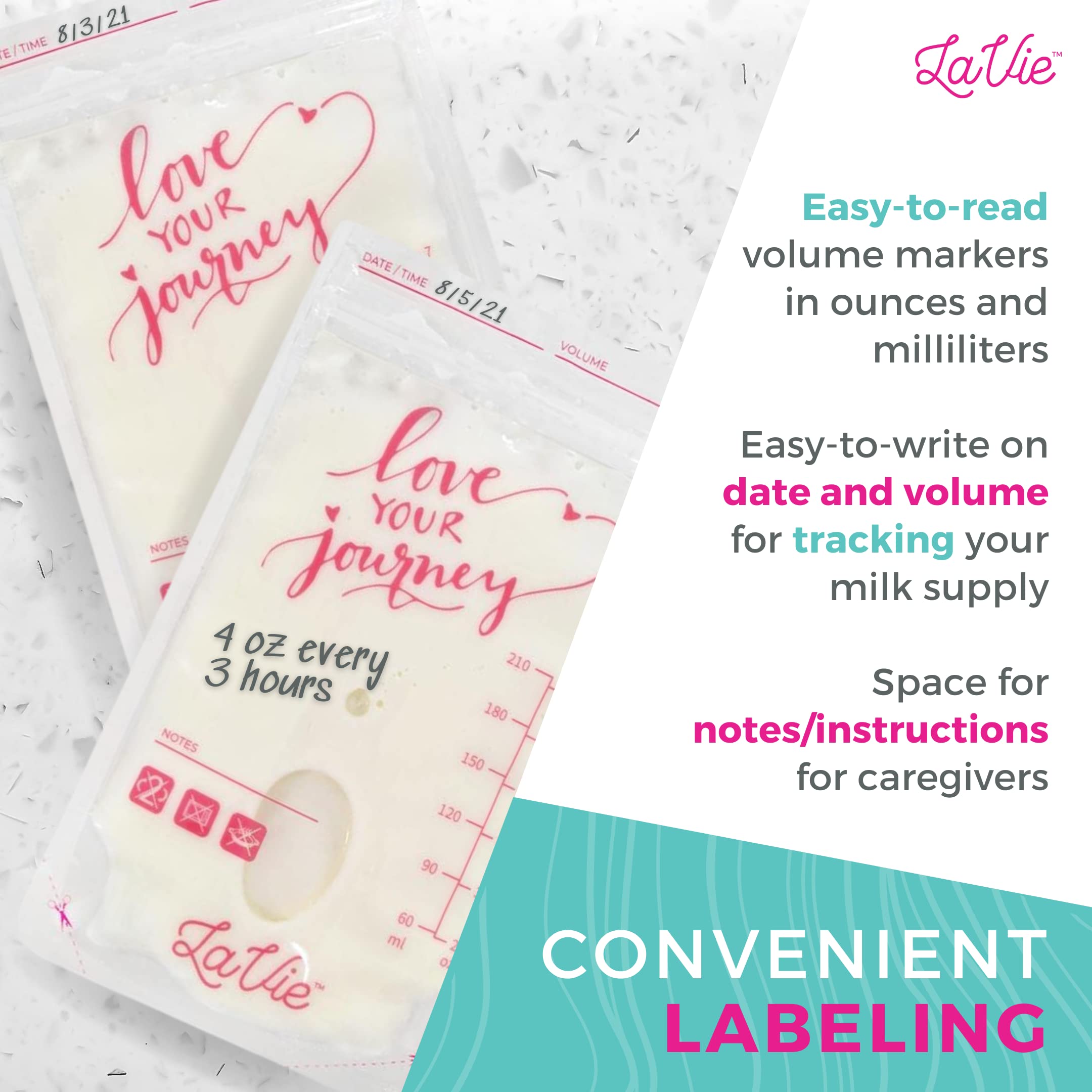 LaVie Breast Milk Storage Bags, 50 Count, 7 Ounce, Pre-Sterilized Breast Milk Containers, Leak-Proof, Space Saving, Self Standing for Refrigerating or Freezing Breast Milk (Pink)