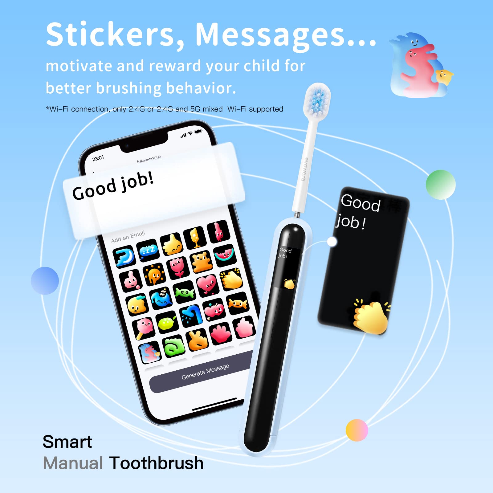 evowera Smart Manual Toothbrush for Kids, Uncleaned Area & Pressure Reminder, Coaching App, Color Display, WiFi Compatible, Soft Bristle, Timer, Message Function, BPA Free, Age 6-9, Blue Toothbrushes