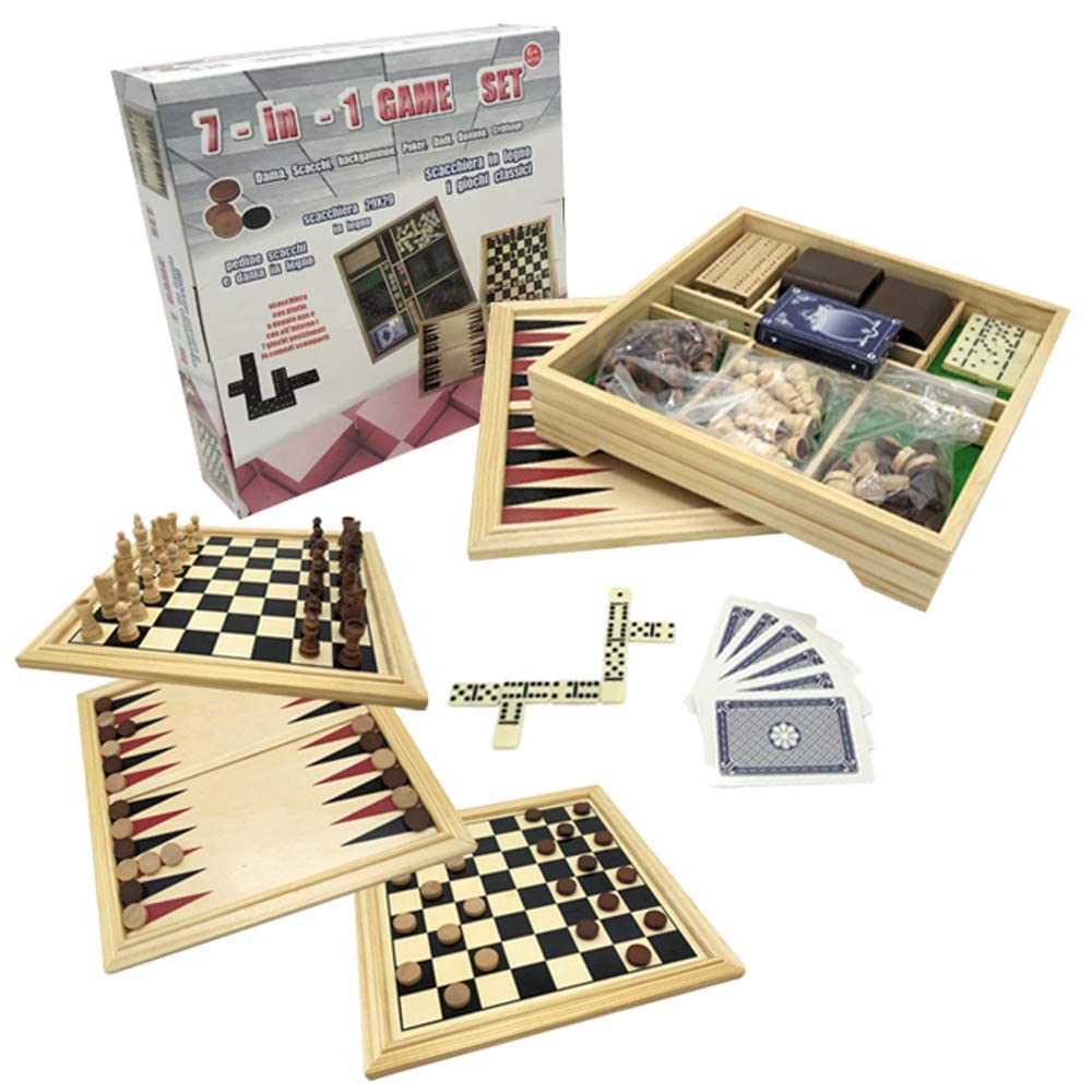 KAILE Deluxe 11.8 Inch 7 in 1 Board Game Set - Chess Set, Checkers, Backgammon, Dominoes, Playing Cards, Poker Dices and Cribbage